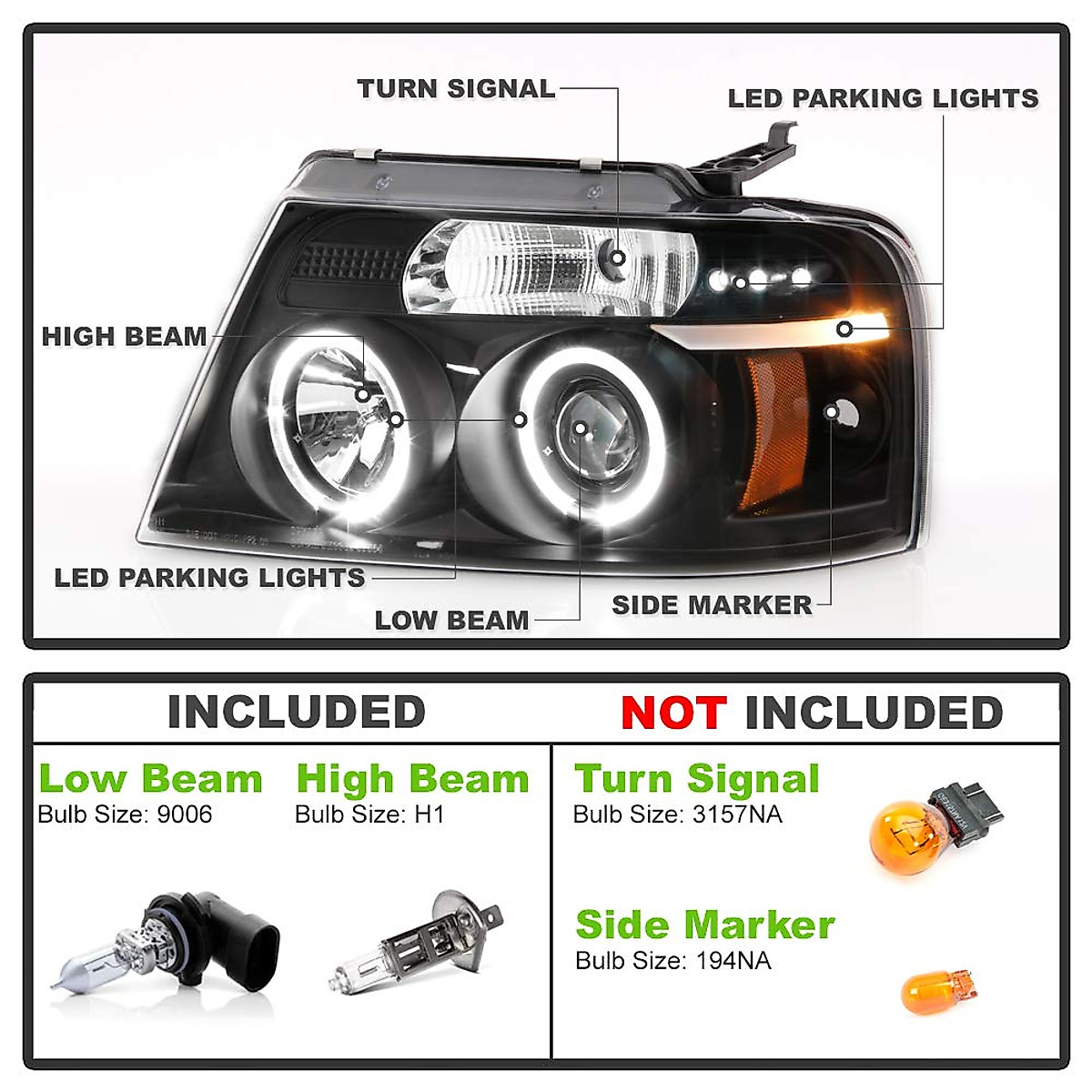 ACANII - For 2004-2008 Ford F150 LED Halo Ring Black Housing Projector Headlights Headlamps, Driver& Passenger Side