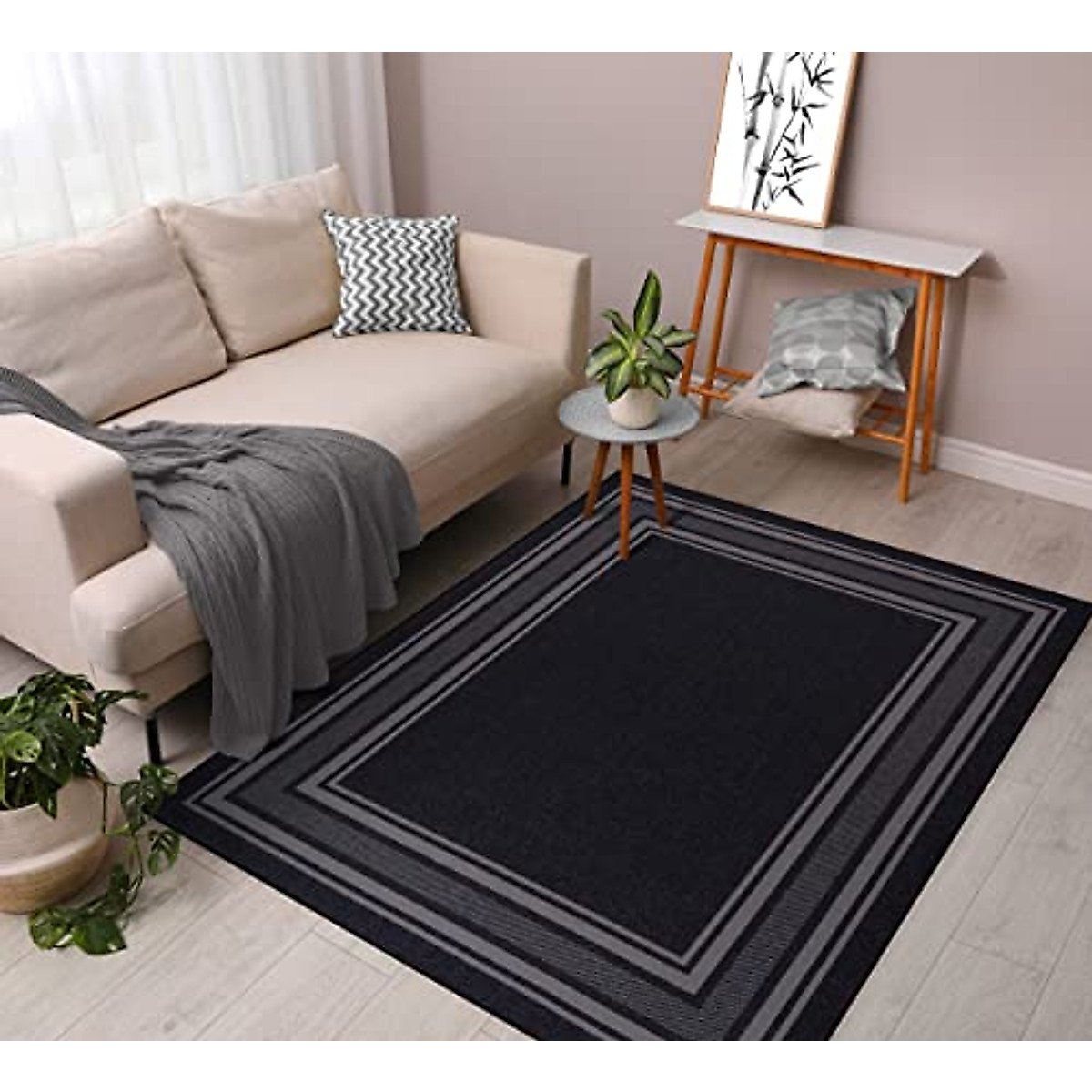 Beverly Rug Modern Bordered 8X10 Area Rug for Living Room, Dining Room Rug, Bedroom Carpet, Indoor Non Skid Rubber Backed Area Rugs, Black
