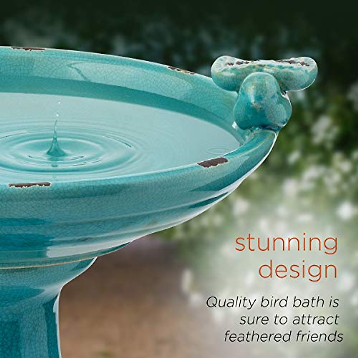 Alpine Corporation TLR102TUR Alpine Pedestal Bath with 2 Figurines-Turquoise Antique Ceramic Birdbath with Birds, 24 Inch Tall, 19" L x 16" W x 25" H