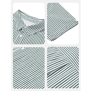 TUREFACE Green Shirt for Men Casual Button Down Short Sleeve Stripes Banded Collar Summer Shirt Lightweight Relaxed Fit