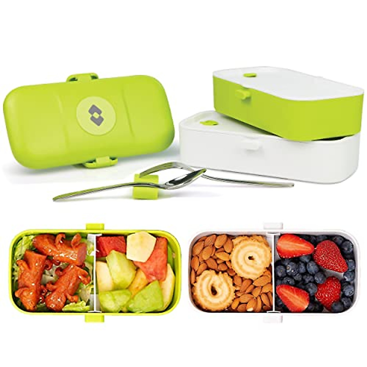 SARZ Bento Lunch Box for Kids - with 2 Containers and 4 Compartments, Modern Stackable Cute Bento Lunch Box with Cutlery Set, Two Adjustable Dividers, Microwave and Dishwasher Safe (Green)
