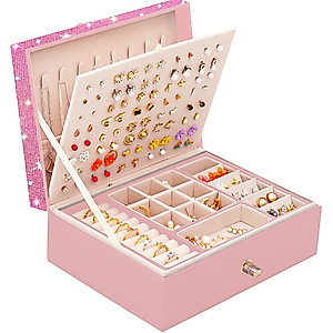 QBestry Jewelry Box for Earrings for Girls Jewelry Organizer Box Earring Holder Organizer for Girls Earring Box Jewelry Box Stud Earring Organizer for Girls Earring Jewelry Boxes for Women Pink Bling