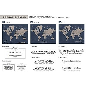 Framed Travel Map With Pins World Personalized | Premium Push Pin Travel Map | Various Color and Size Options | 24" x 32" up to 40" x 53"