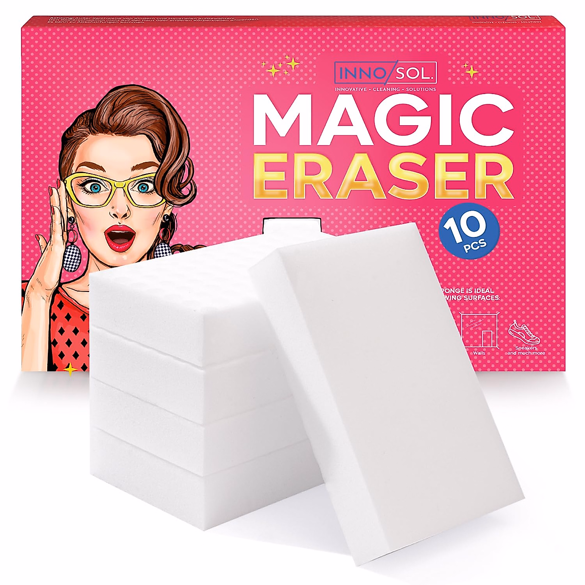 INNOSOL Premium Magic Eraser Sponge I 10 Pcs of Magic Erasers I Melamine Sponge I Magic erasers and reusable sneakerasers I Scrub car, kitchen, toilet cleaner, bathtub I Durable Cleaning Pads