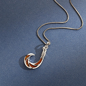 925 Sterling Silver Hawaiian Koa Wood Tree Inlay Fish Hook Necklace Pendant with 18" Box Chain, Nickle Free Hypoallergenic for Sensitive Skin, Gift Box Included (Koa Wood - Moana)