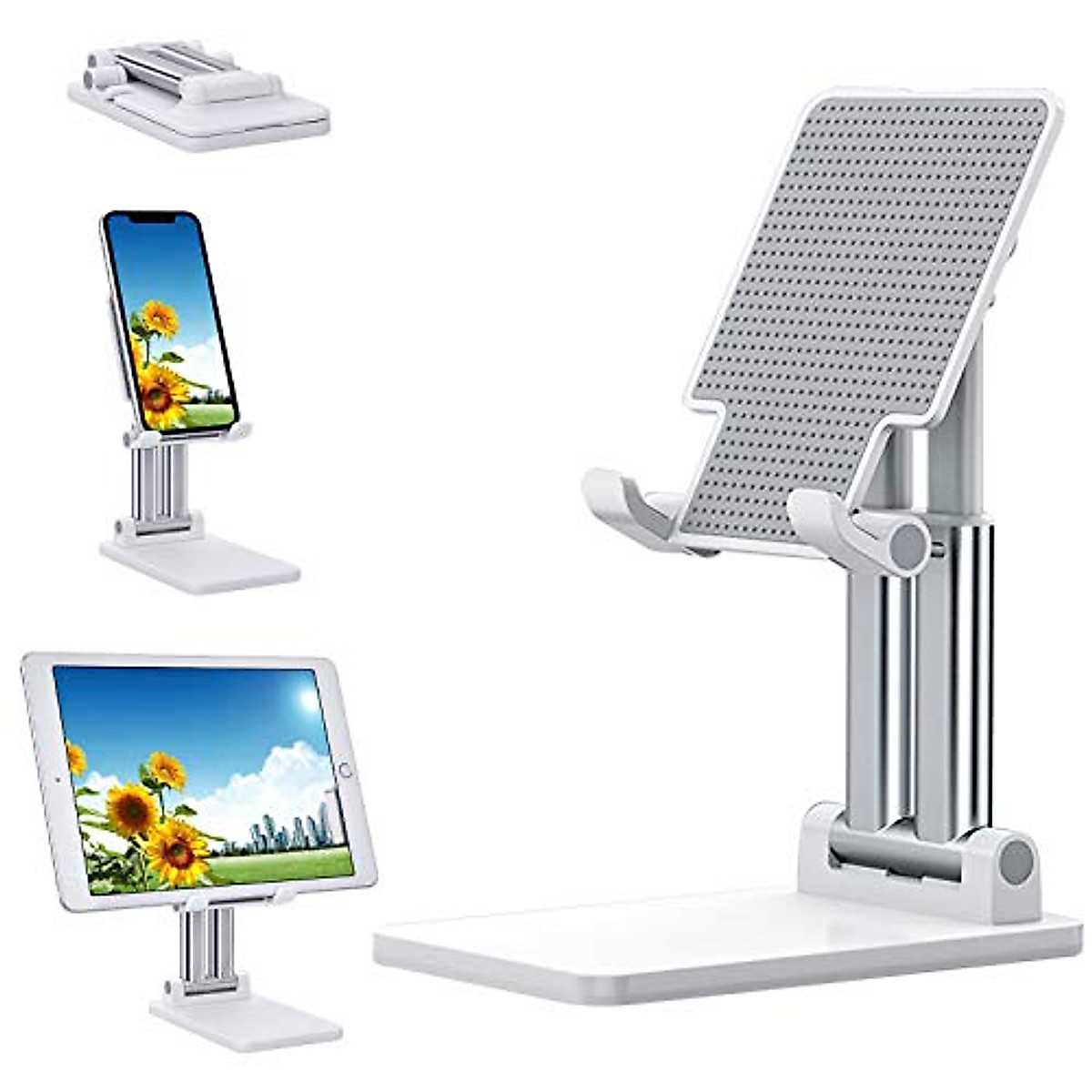 BrilliStar Cell Phone Stand Height Adjustable, [2020 Updated] Dual Tube Foldable Phone Stand,Portable Tablet Stand, Smartphones Desk Holder with Anti-Slip Design for iPad/Tablet/Mobile Phone(White)