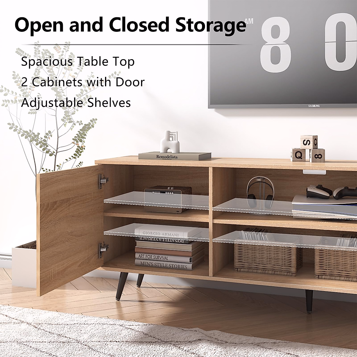 AUXSOUL Mid Century Modern TV Stand - 70" for 75" TV, Wood with Storage, Entertainment Center for Living Room & Bedroom, Media Console, Oak