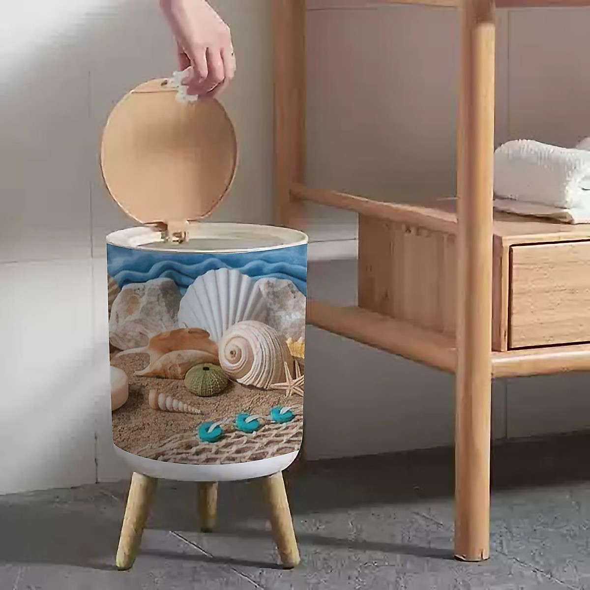 Small Trash Can with Lid for Bathroom Kitchen Office Diaper decoration Seashells shell a sea urchin a beach sand are decorated Bedroom Garbage Trash Bin Dog Proof Waste Basket Cute Decorative