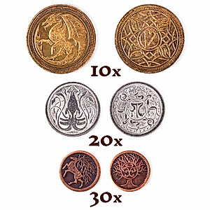 The Dragon's Hoard: 60 Real Metal Fantasy Coins with Leather Pouch | Board Game Accessory for Tabletop RPG Role-Play Strategy Games | Bronze, Silver, and Gold Colored Coins