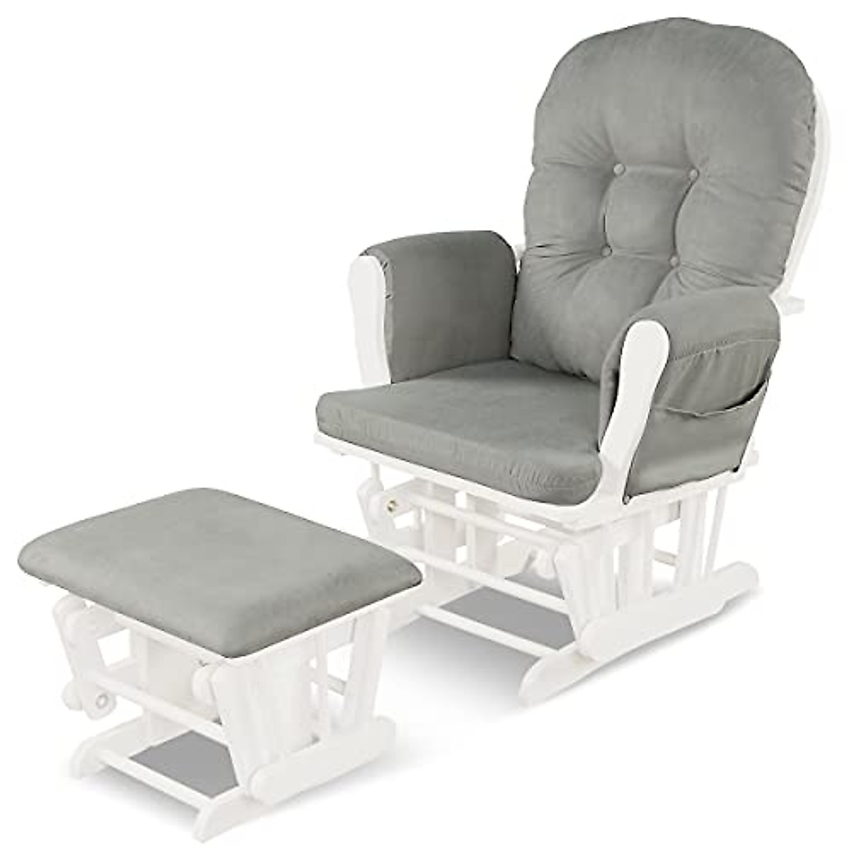 Costzon Glider and Ottoman Set, Wood Glider Rocker for Nursery, Upholstered Comfort Nursing Rocking Chair with Storage Pocket, Padded Armrests & Detachable Cushion, Easy to Assemble (Light Gray)