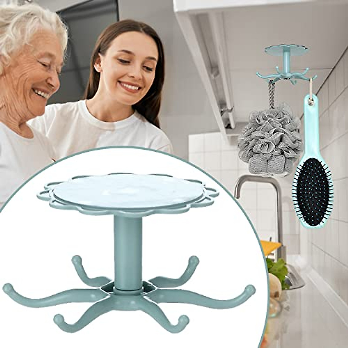 BLMIEDE 360 De Gree Rotatable Hook Six Cl Aw Kitchen Storage Wall Hanging Punching Seamless Hanger Strong Glue Hook Drying Rack Wall Mount Kitchen (Blue, One Size)