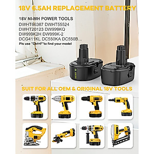 AYTXTG 2Pack 6.5Ah Lithium Battery Replace for Dewalt 18V XRP Ni-Cad Battery DC9096 DC9098 DC9099 DE9039 DE9095 + 2 Port DC9320 Fast Dual Charger for Dewalt 7.2V-18V XRP NI-CD NI-MH Battery