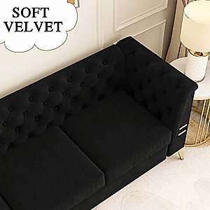 Modern Chesterfield Sofa, 82" Velvet Upholstered 3 Seater Couches with Removable Cushions, Mid-Century Modern Sofa Couch with Solid Wood Frame and Gold Legs for Living Room, Apartment, Office, Black