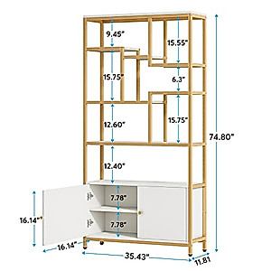 Tribesigns White Gold Bookshelf Bookcase with Doors 74 Inches Tall Bookshelf, Modern Gold Bookshelf 6 Tier Display Shelf Etagere Bookcase Narrow Metal Bookshelf for Living Room, Bedroom, Office