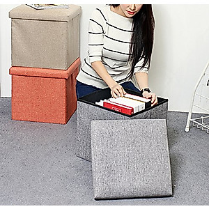 RONSTA Storage Ottoman, Foldable Cube Ottoman with Storage for Children, Foot Rest, Cloth Foot Stools and Ottomans with Memory Foam and Faux Linen Seat (Grey)