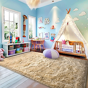 Soft Shaggy Rugs Camel Fluffy Rug for Bedroom White Fuzzy Rug Non-Slip Indoor Floor Carpet for Living Room 5x7
