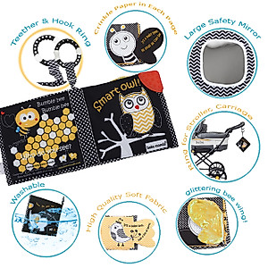 Touch and Feel Cloth Crinkle Books for Babies Infant, Baby Books Toys 0-3-6-12 Months, Christmas Shower Baby Gifts, High Contrast Toys,Teething Teethers, Tummy Time Mirror Toys for Boys and Girls-Owl