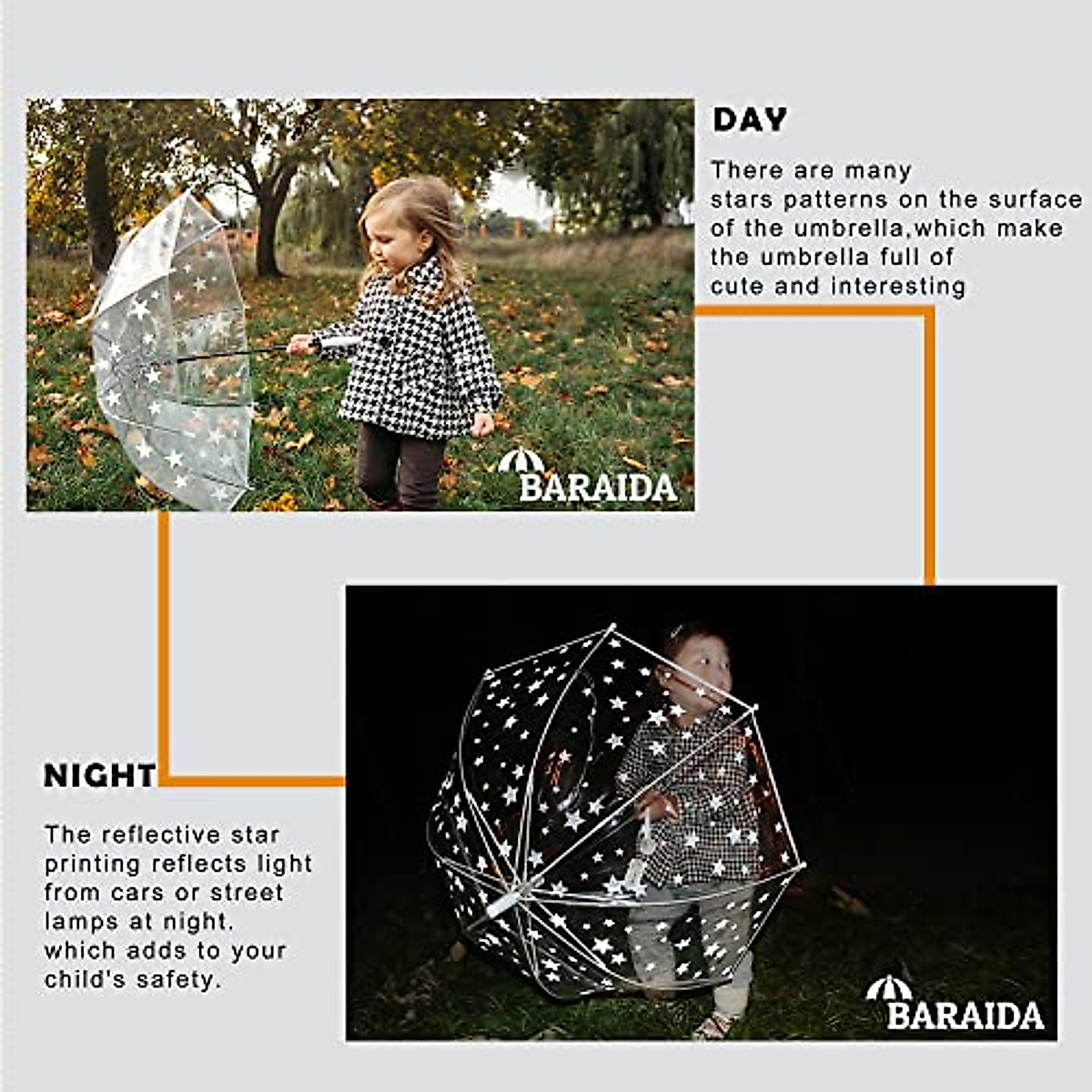 Baraida Kids Clear and Transparent Umbrella with an Easy Grip Handle, Dome Bubble Umbrella, Windproof for Kids Boys and Girls, Little Stars