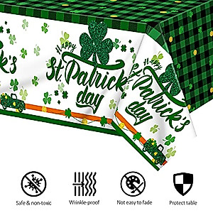 durony 2 Pack St Patrick's Day Tablecloth Green Shamrock Buffalo Plaid Table Cover Waterproof Plastic Tablecloth for St Patrick's Day Party Supplies Table Decorations, 108 x 54 Inch