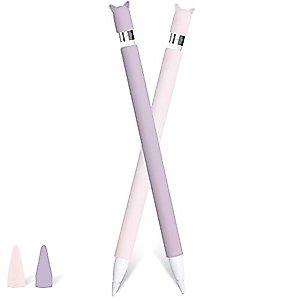 2 Pack Case for Apple Pencil 1st Generation Holder Sleeve Cover Accessories, Cute Cat Silicone Grip Skin with Charging Cap and 2 Protective Nib Covers for iPad Pro 9.7/10.5/12.9-Pink,Purple