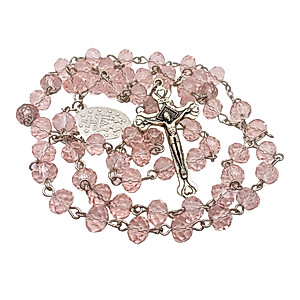 Nazareth Store Pink Pearl Beads Rosary Handmade Prayer Beaded Necklace with Miraculous Medal and Silver Cross