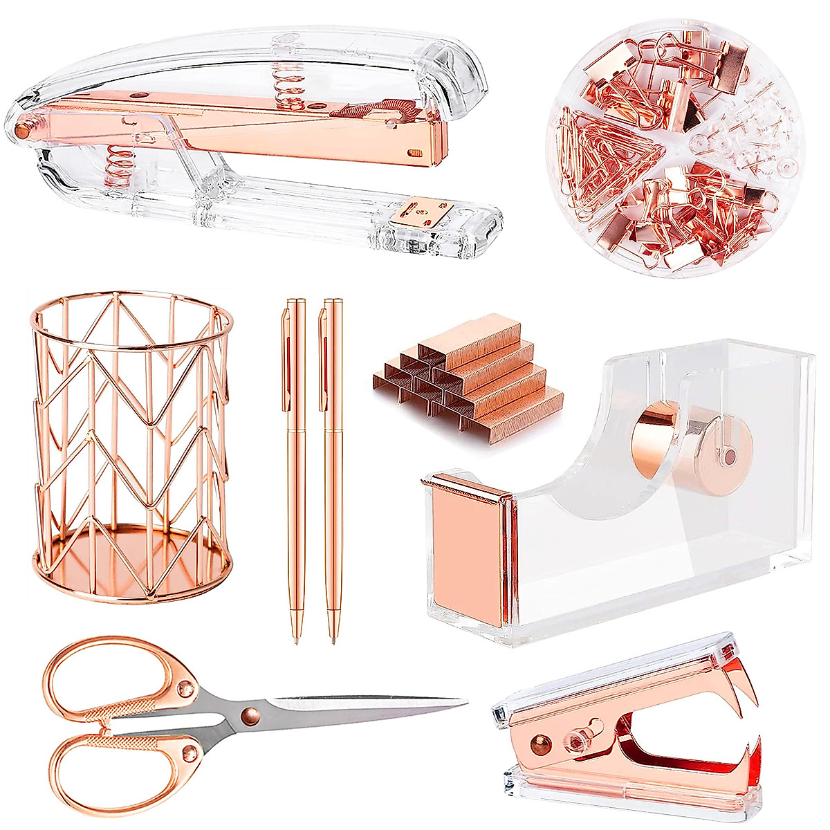 Famassi Rose Gold Desk Accessories，Office Supplies Set Acrylic Stapler Set Staple Remover, Tape Holder, Pen Holder, 2 Ballpoint Pen, Scissor, Binder Clips, Paper Clips and 1000pcs Staples.