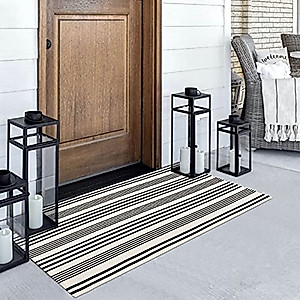 Black and White Striped Outdoor Rug, 2’ x 4.3’ Cotton Hand-Woven Reversible Front Porch Rug Washable Front Door Mat Entryway Rugs Welcome Layered Doormat Carpet for Patio Farmhouse Kitchen