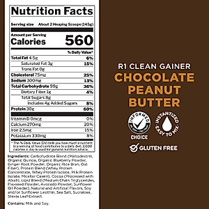 Rule One Proteins, R1 Clean Gainer - High-Protein Lean Gain Formula with 560 Calories, 30g of Full-Spectrum Protein, Over 90g Carbs, Under 6g of Fat (15 Servings, Chocolate Peanut Butter)