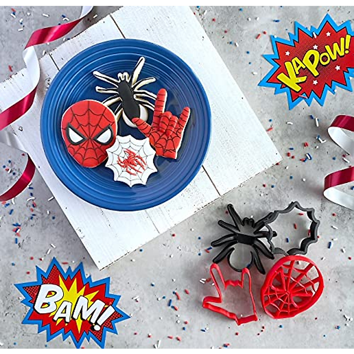 SUPERHERO COOKIE CUTTERS Inspired By Spiderman Head/Face/Mask, Spidey-Shaped Hand, Spider/Arachnid and Spider Man Web 3D Printed Cookie Cutters (4 Pack)