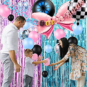 112 Pcs Burnouts or Bows Gender Reveal Decorations Set, Burnouts Bow Foil Balloons Arch Banner Gender Reveal Cake Topper Pink and Blue Balloons Foil Curtains for Gender Reveal Shower Party Supplies