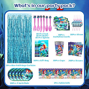272 PCS Little Mermaid Birthday Party Supplies, Party Decorations, Ariel Birthday Decorations included Happy Birthday Banner, Balloons, Swirls, Invitation Cards, Tableware