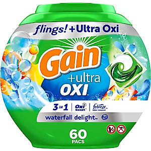 Gain flings Ultra Oxi Laundry Detergent Pacs, 60 Count, Waterfall Delight Scent, 3-in-1, HE Compatible