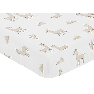 Sweet Jojo Designs Boho Llama Boy Girl Fitted Crib Sheet Baby or Toddler Bed Nursery - Gender Neutral Beige Taupe Tan White Bohemian Southwest Aztec Watercolor Mountain Cactus Alpaca Farmhouse Animal