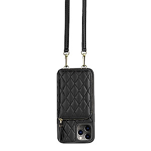 LAMEEKU for iPhone 11 Pro Max Wallet Case, Card Holder Case Quilted Leather Crossbody Wallet Case for Women with Wrist Strap Shockproof Case Compatible with iPhone 11 Pro Max, 6.5 Inch-Black