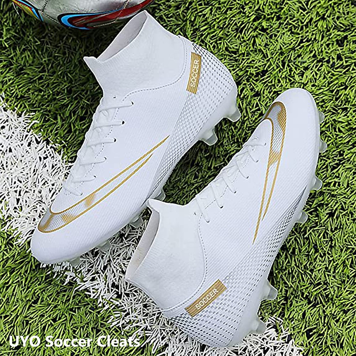Men's Football Cleats with High-Top Non-Slip Spikes Ankle Supports Indoor Outdoor Firm Ground Soccer Shoes White EU 42 US 9