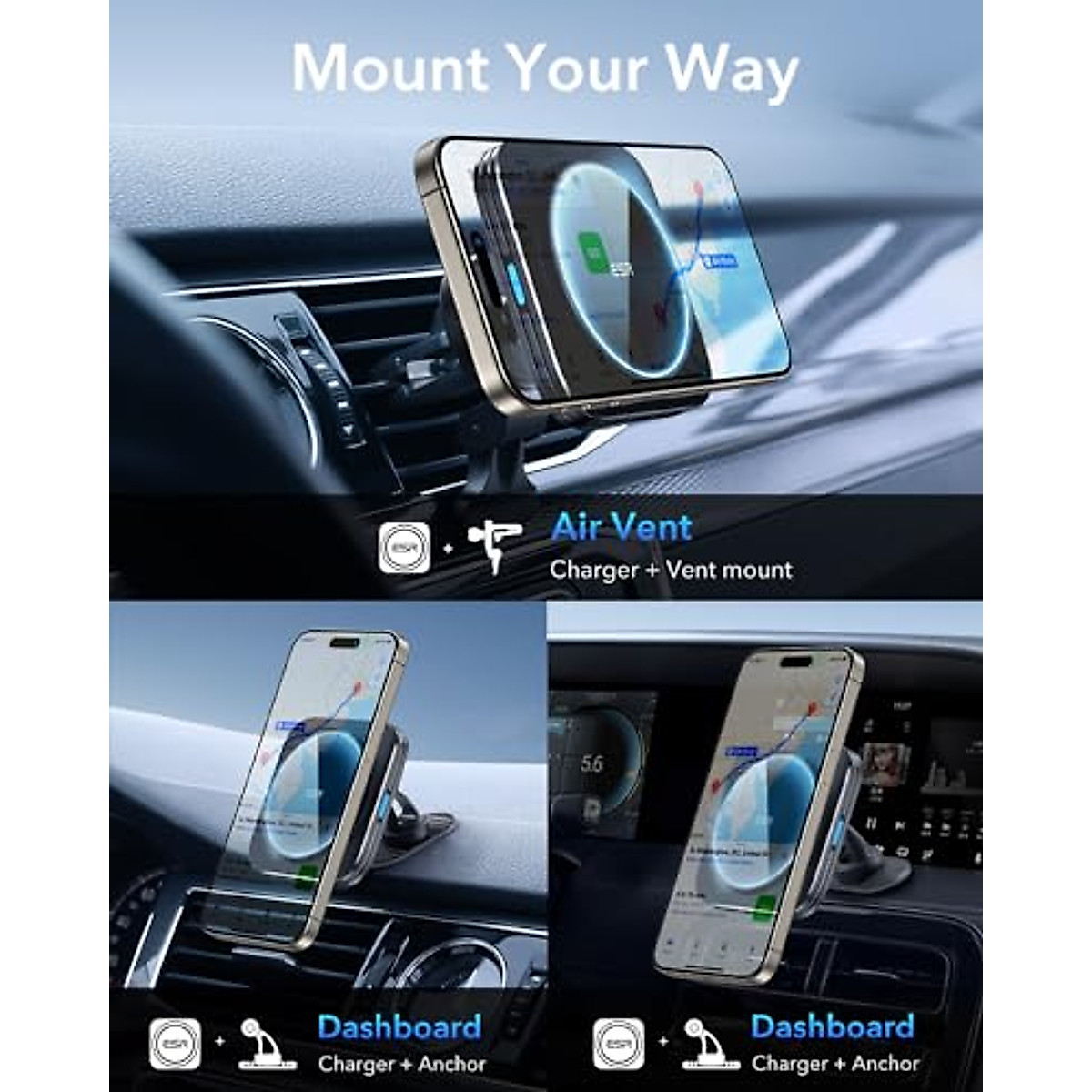ESR for MagSafe Car Mount Charger, 15W Magnetic Wireless Car Charger, for MagSafe Car Charger, Air Vent Phone Holder for iPhone 16/15/14/13/12, Galaxy S25/S25 Ultra, with 36W QC 3.0 Fast Car Charger