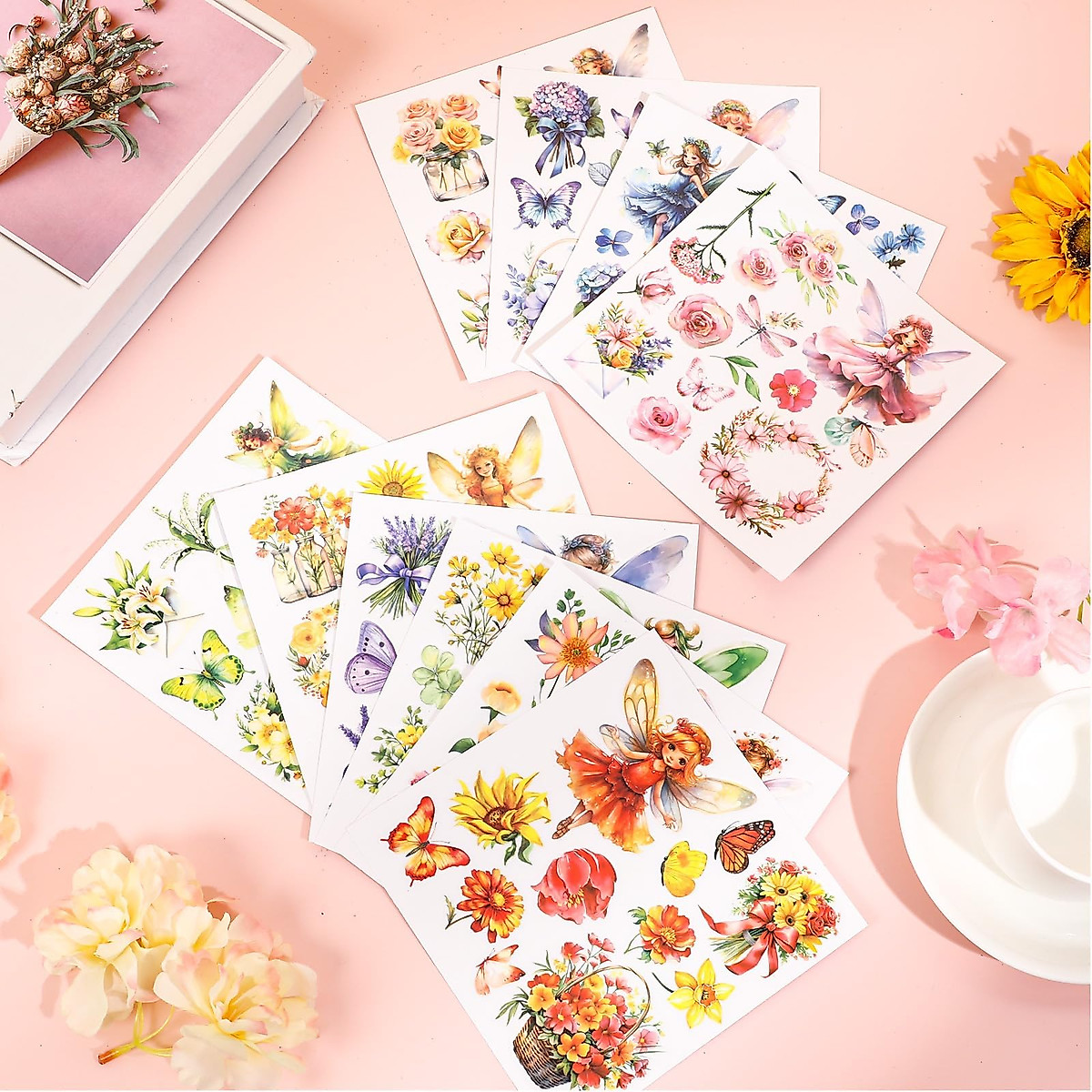 gisgfim 12 Sheets Rub on Transfers for Crafts and Furniture Fairy Rub on Transfers Stickers Fairy Flower Rub on Decals Decor for Spring Home Office Paper Wood DIY Craft, 5.9 x 5.9 Inch