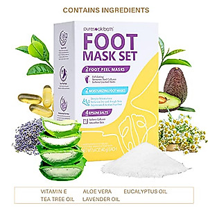 Foot Masks Puresoak Bath Foot Peel Mask (2 Pairs) + Moisturizing Foot Mask (2 Pairs) with 1Pack Epsom Salt Foot Spa Bath Kit Gift Set | Lavender Bliss Foot Peel Mask Lemongrass & Aloe Moisturizing Mask Foot Relaxing Soft Treatment for Women & Men Foot Car