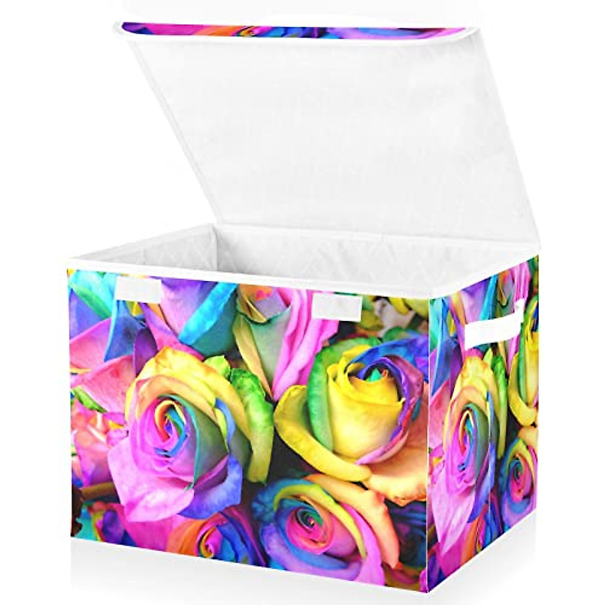 Kigai Storage Basket Rainbow Roses Storage Boxes with Lids and Handle, Large Storage Cube Bin Collapsible for Shelves Closet Bedroom Living Room, 16.5x12.6x11.8 In