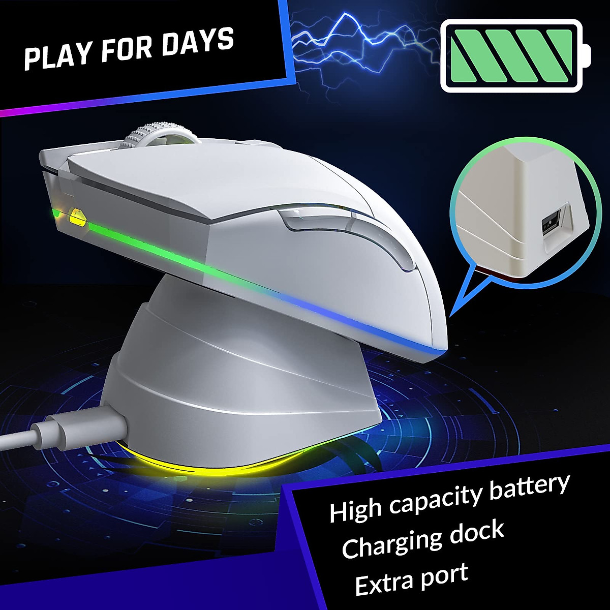 KLIM Blaze Pro Rechargeable Wireless Gaming Mouse with Charging Dock RGB - New Version - High-Precision Sensor and Long-Lasting Battery - Up to 6000 DPI - Great PC Gaming Mouse Wireless - White