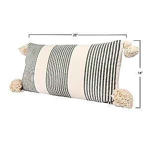 Creative Co-Op Cotton & Chenille Vertical Grey Stripes, Tassels & Solid Cream Back Pillows, 1 Count (Pack of 1)