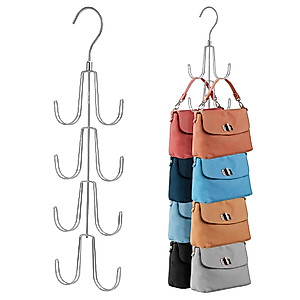 ZEDODIER Purse Hanger Organizer for Closet, 2 Pack Rotatable Hanging Bag Holder, 8 Storage Capacity, Keeping Purses Visible and in Good Condition, Metal Handbag Storage Hook Rack Space Saver, Silver