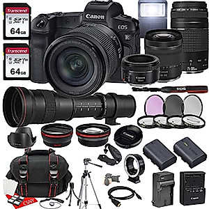 Canon EOS R Mirrorless Camera w/RF 24-105mm f/4-7.1 is STM + EF 75-300mm f/4-5.6 III + EF 50mm f/1.8 STM + 420-800mm f/8.3 HD Lenses + 2X 64GB Memory, Hood, Case, Filters, Tripod, More (35pc Bundle)