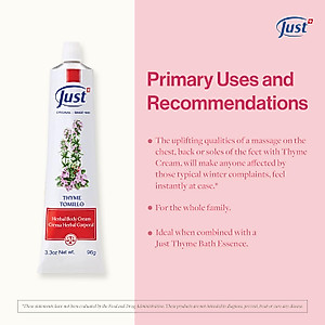 SwissJust Thyme Cream, Thyme Tomillo Cream 60ml. Massage Cream with Camphor Oil, Lemon Eucalyptus Chamomile Essential Oil, Rosemary Oil, Soybean Oil, and Pine Essential Oils.