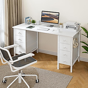 White Computer Desk with Drawers for Storage - 55 inch Home Office Desk with 8 Fabric Drawers, Writing Study Desk with Drawers on Both Sides for Bedroom