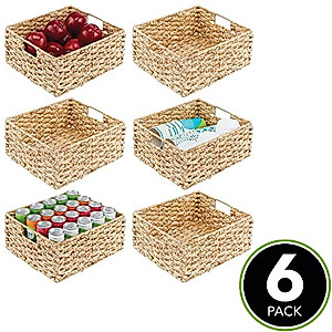 mDesign Hyacinth Braided Woven Kitchen Basket Bin with Built-in Handles for Organizing Kitchen Pantry, Cabinet, Cupboard, Countertop, Shelves - Holds Food, Drinks, Snacks - 6 Pack - Natural/Tan