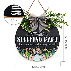 Baby Sleeping Sign for Front Door 12 Inches Funny Do Not Knock or Ring Doorbell Sign Wreath Baby is Sleeping Sign with Buffalo Plaid Bow Decoration Do Not Disturb Sign for Home Baby Room Nursery