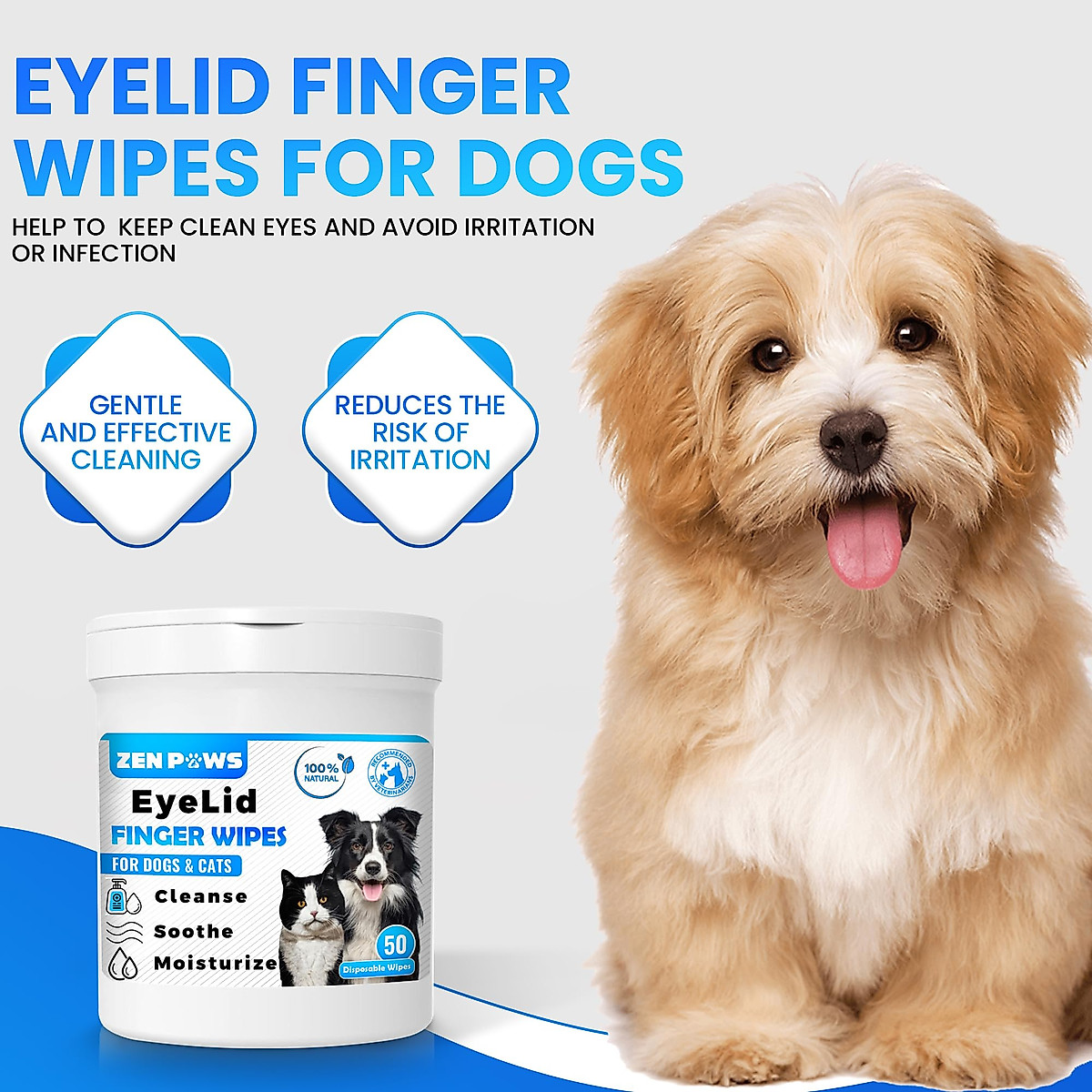 Zenpaws Cat & Dog Eye Wipes – Easy to Use 50 Finger Wipes – Gently Remove Tear Stains, Eye Discharge, Discharge, Mucus Secretions. Treats Inflammation & Itchiness