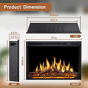 Havato 37 inch Electric Fireplace Inserts, Recessed Electric Stove Heater with Adjuatble Flame Colors, Log Colors, Flame Speed and Brightness, Remote Control & Time,750W/1500W