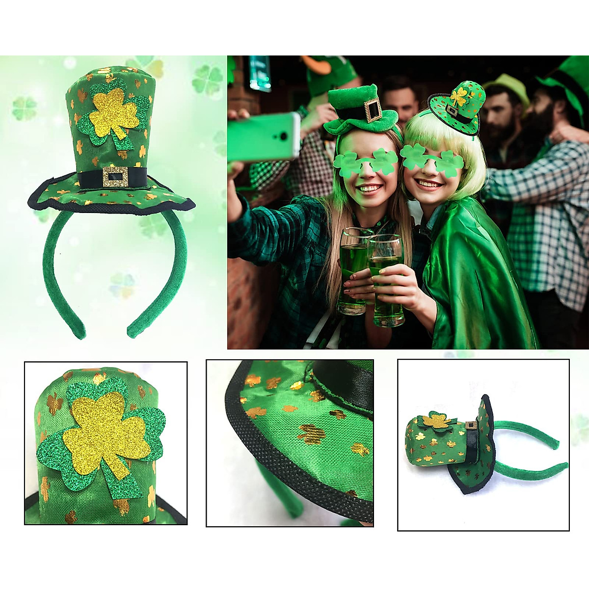 eyigylyo St. Patrick's Day Top Hat Headband with Shamrock Green Sunglasses, Irish Green Shamrock Mini Hat Dress Up Hair Costume Accessories Leprechaun Hat for Women and Children
